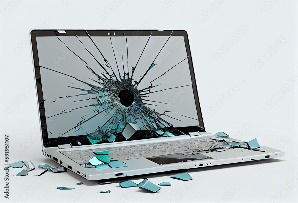 Computer laptop with broken screen isolated on white background. 3d ...