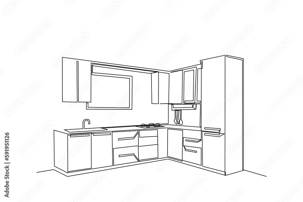 Single one line drawing Modern kitchen interior. Kitchen room concept ...