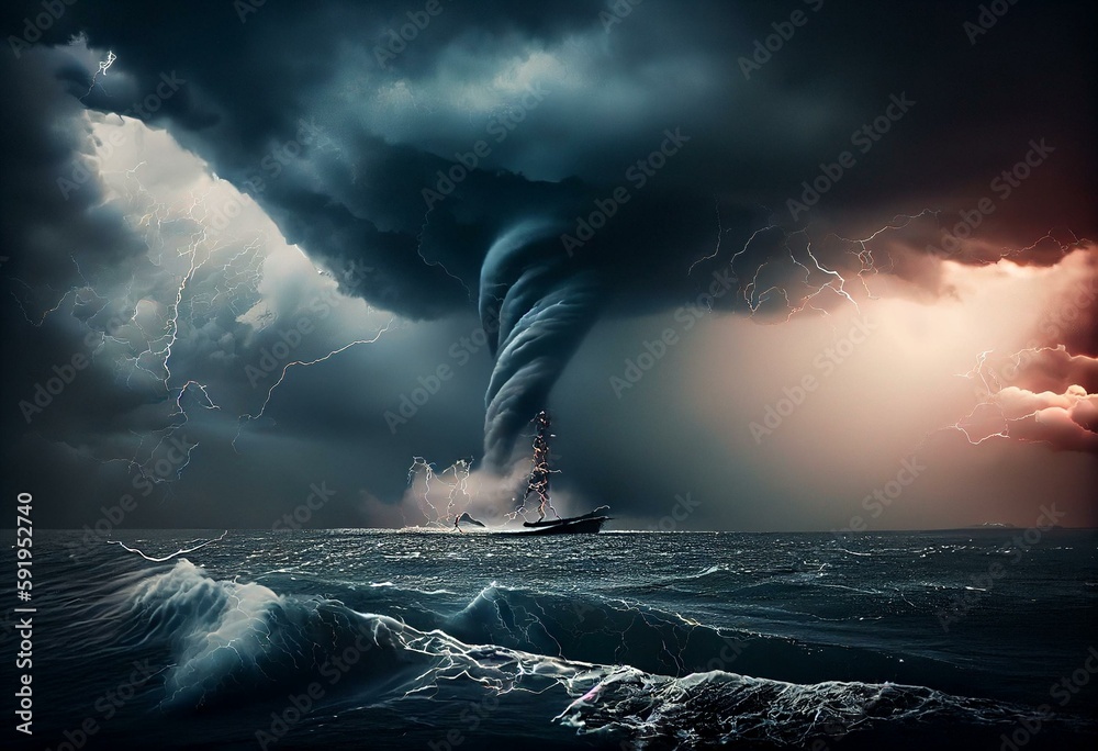 Powerful tornado with lightning flash over ocean or sea. Dark ominous ...