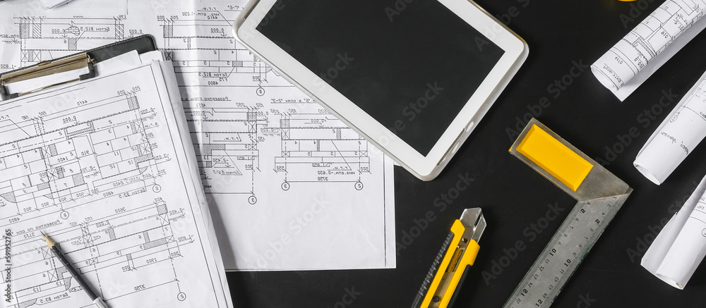 Architect works remotely from home in quarantine, lockdown covid 19 coronavirus. Remote work ...