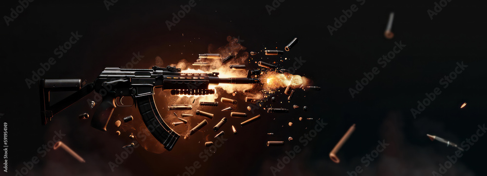 firing assault riffle shooting firepower bullets isolated on black ...