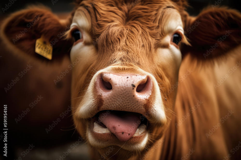 A smiling cow's head fills the frame, with its big eyes, round nostrils ...