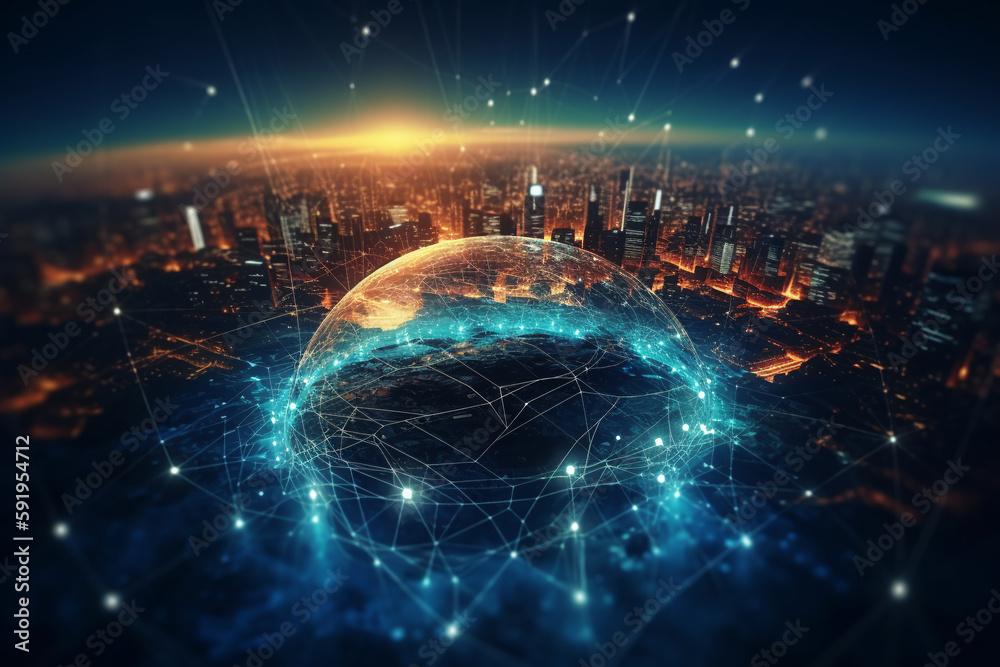 Global network connection covering the earth with lines of innovative ...