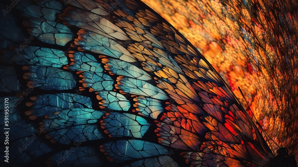 a close up of a butterfly wing with many colors on the wings and the ...