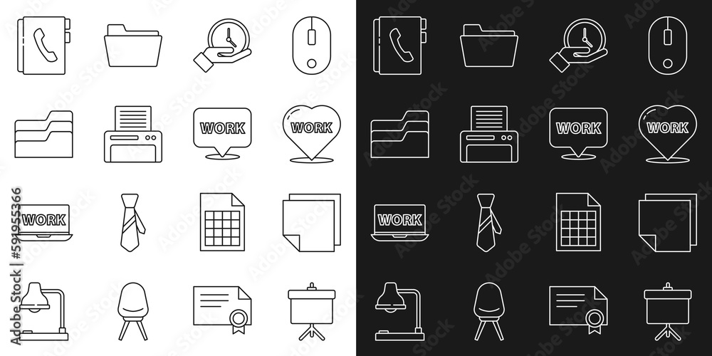 Set line Chalkboard with diagram, Post note stickers, Heart text work, Clock, Printer, Document ...