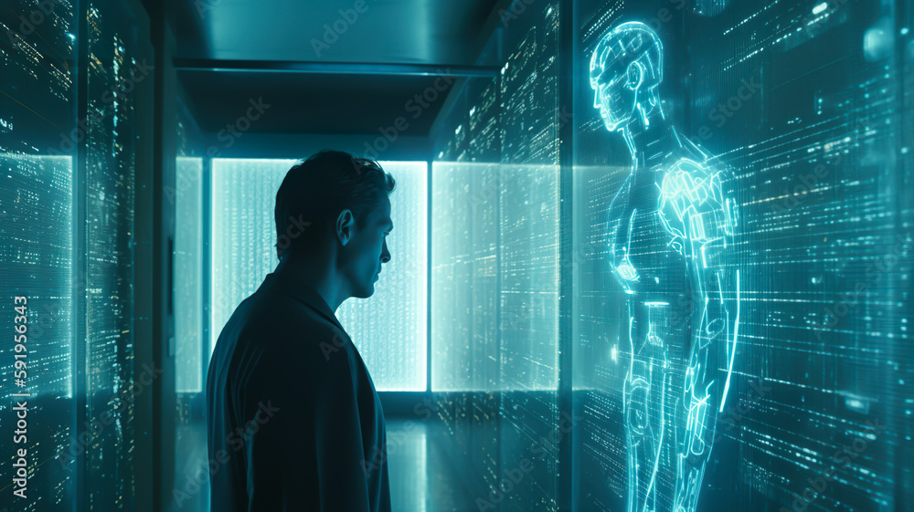 Machine learning reaction and ai artificial intelligence.Chat bot software network.big data and ...