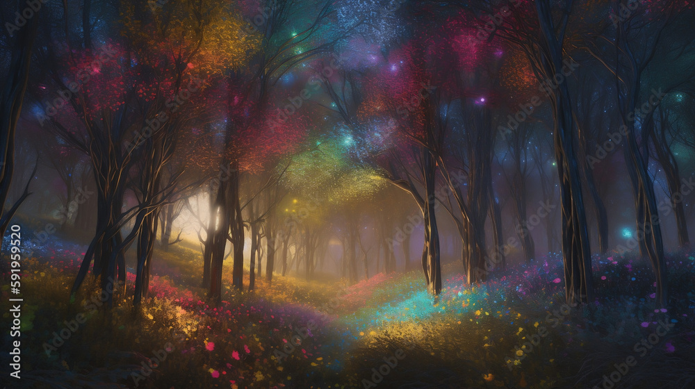 A forest of rainbow-colored trees with vines that glow in the dark and ...