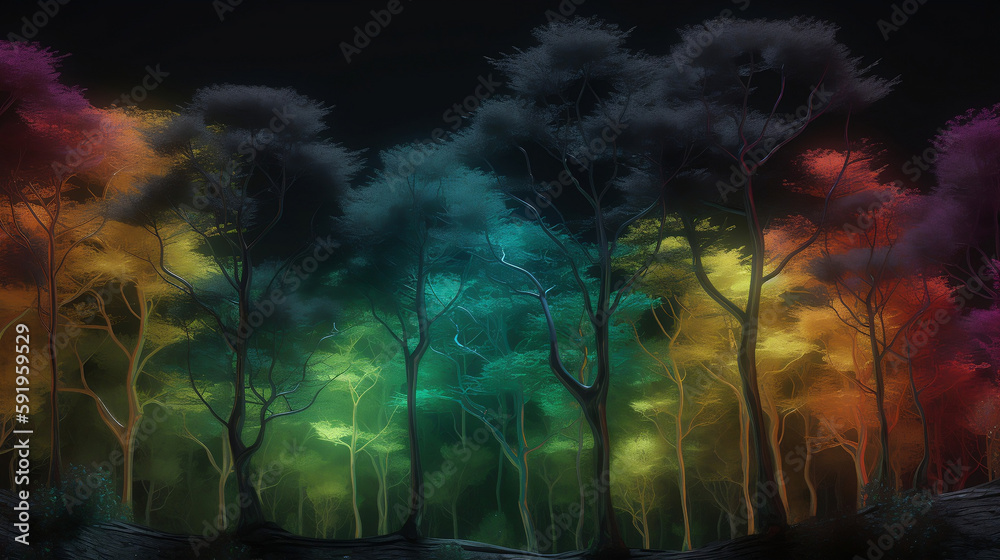 A forest of rainbow-colored trees with vines that glow in the dark and ...