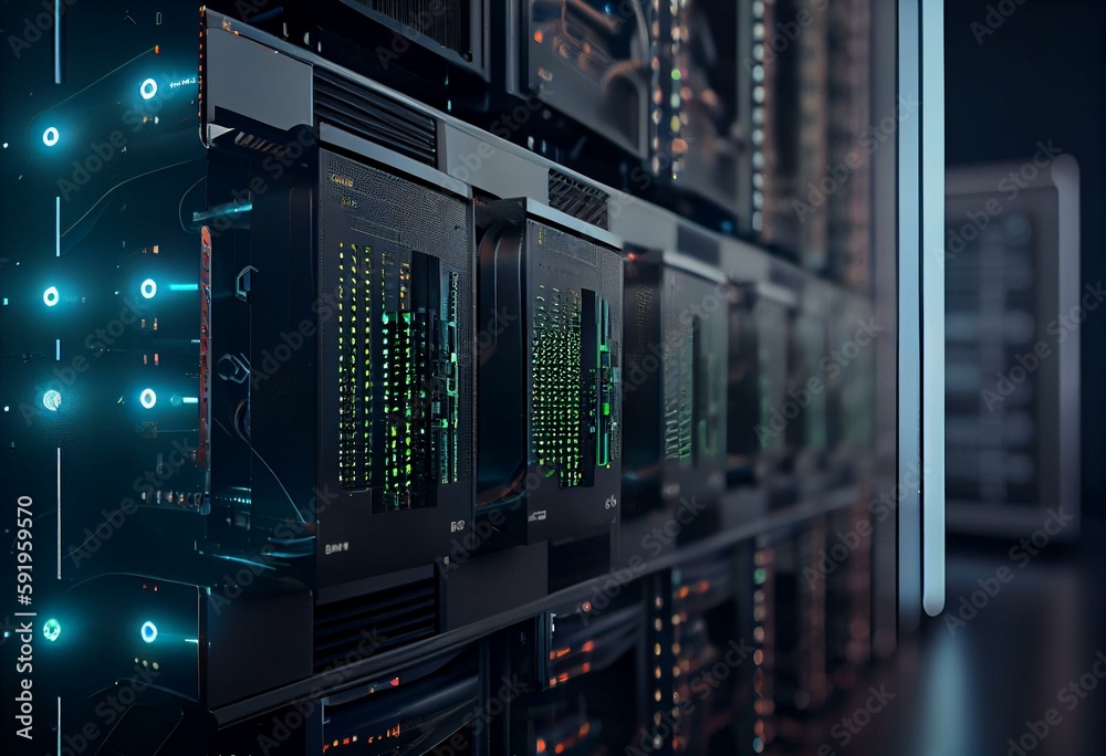 Rows of blade server system in data center. 3D rendering image. Generative AI Stock Illustration ...