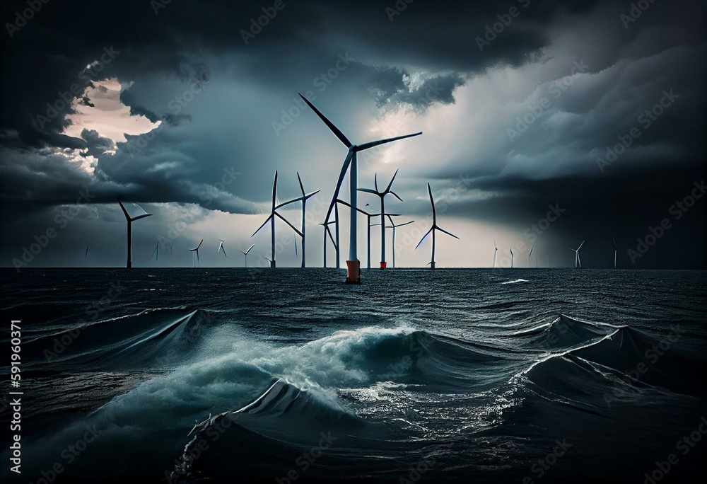 Wind Turbines. Offshore Wind Farm on a Stormy Evening. Sustainable ...
