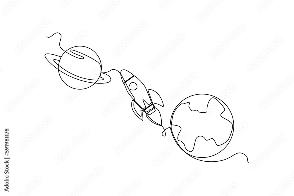 Continuous one line drawing rocket between two planet. Space concept. Single line draw design ...