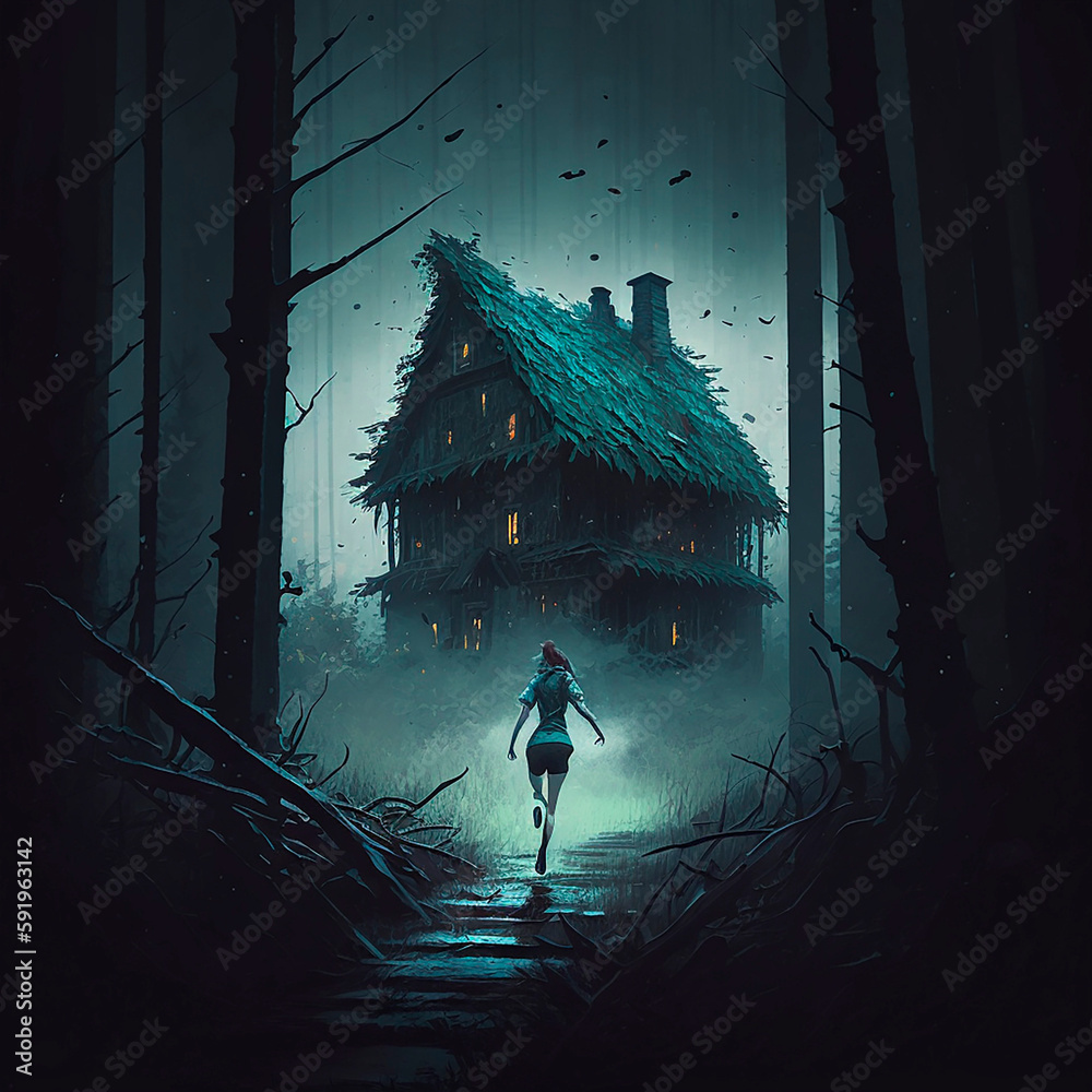 horror woman runs to a scary house in the middle of the forest Stock ...