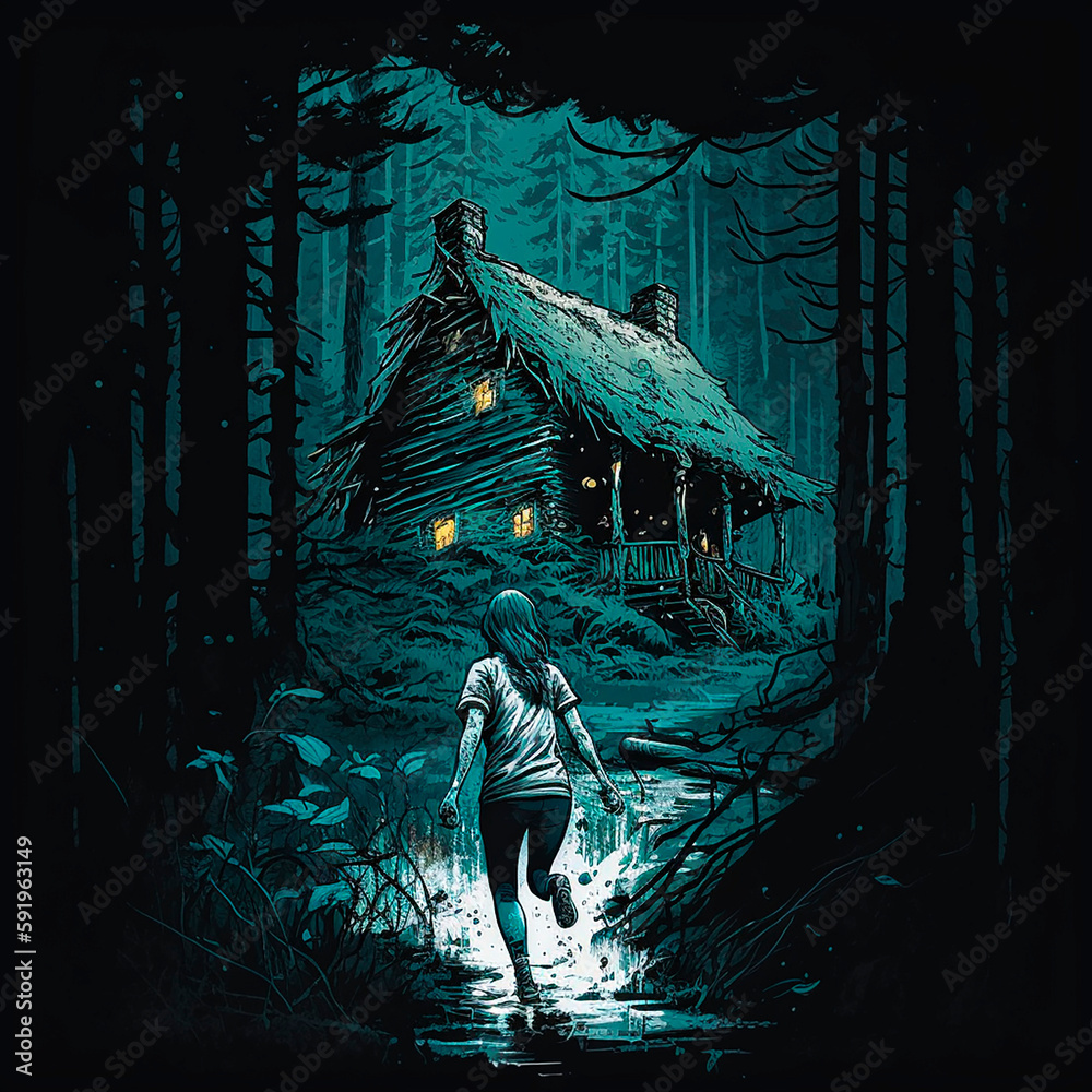 horror woman runs to a scary house in the middle of the forest Stock ...