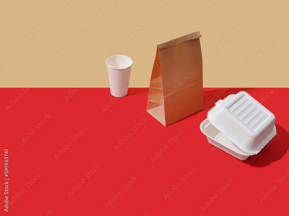Takeaway food packaging: boxes and containers on colorful background ...