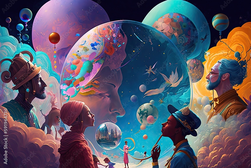 Generative AI illustration of a multiverse of speech, a fantasy world ...