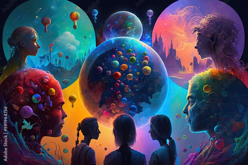 Generative AI illustration of a multiverse of speech, a fantasy world ...