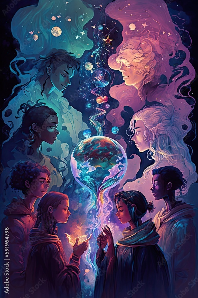 Generative AI illustration of a multiverse of speech, a fantasy world ...