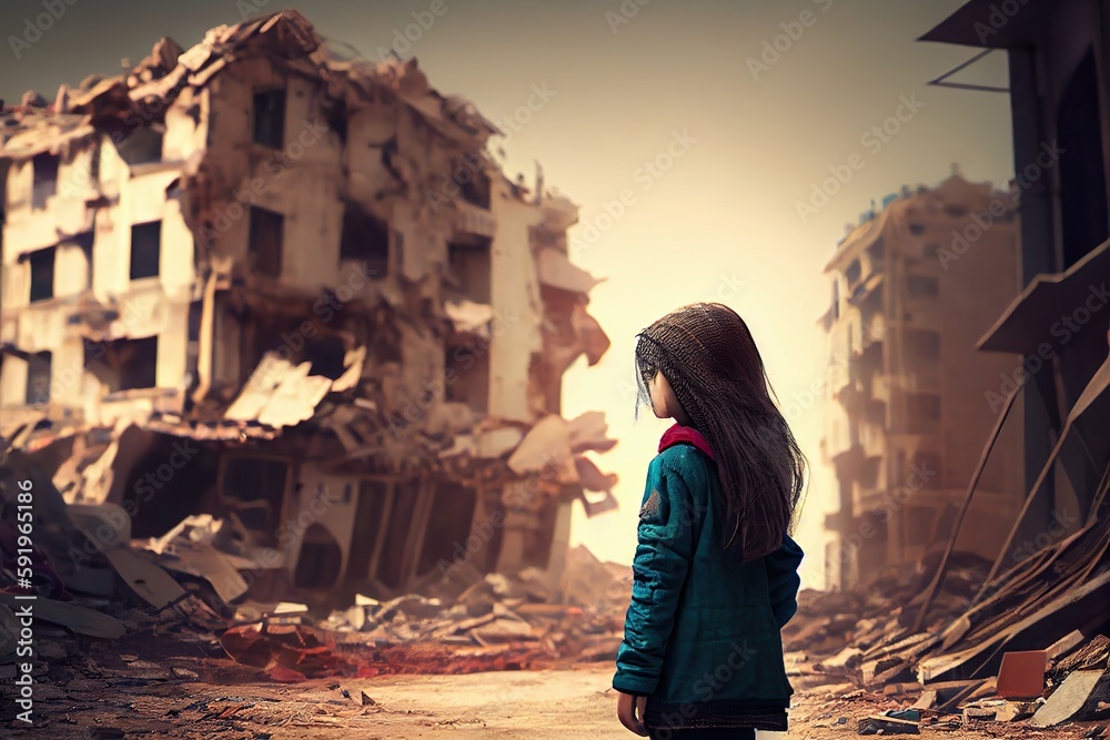 Generative AI illustration of a sad child standing in front of collapse ...