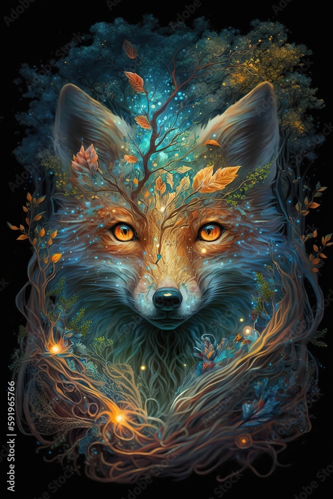 Generative AI illustration of ancient magical molten fox spirit in a ...