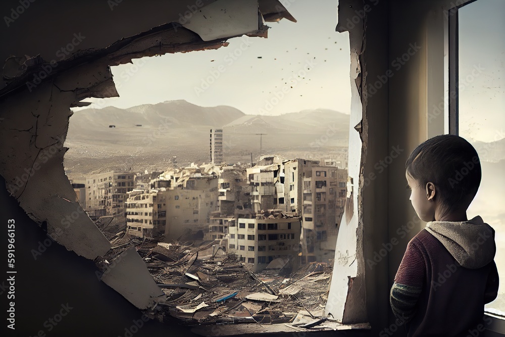 Generative AI illustration of a sad child standing in front of collapse ...