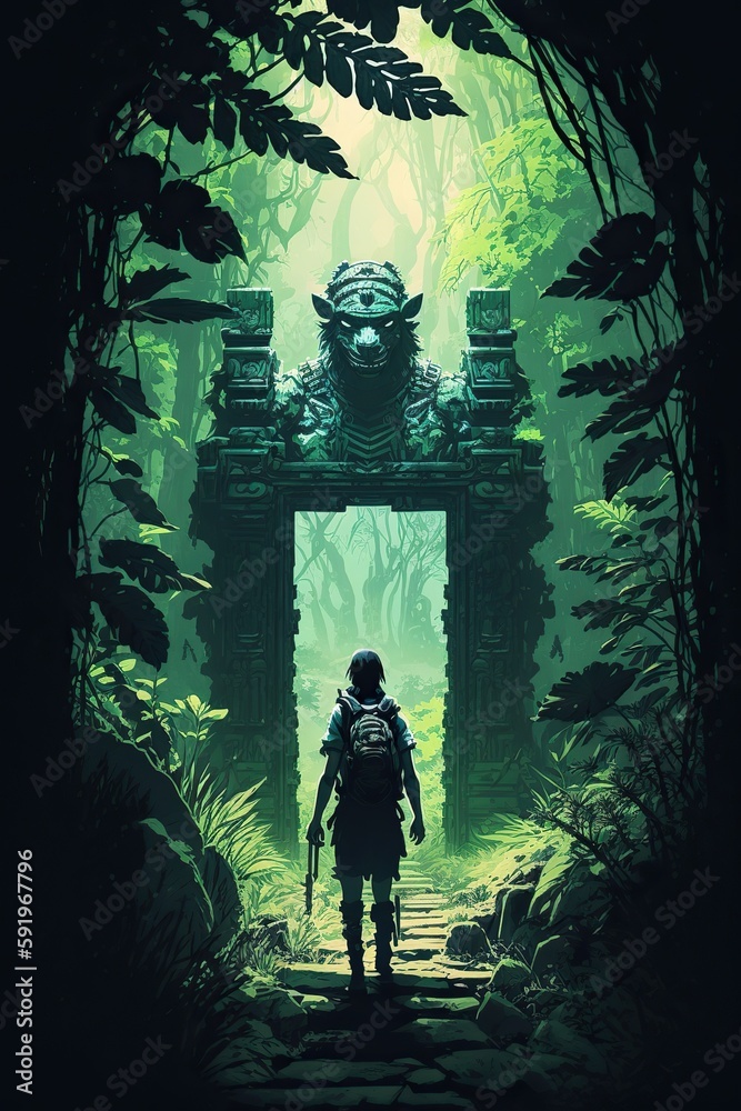 Generative AI illustration of Mayan gate in the forest. An adventurer ...