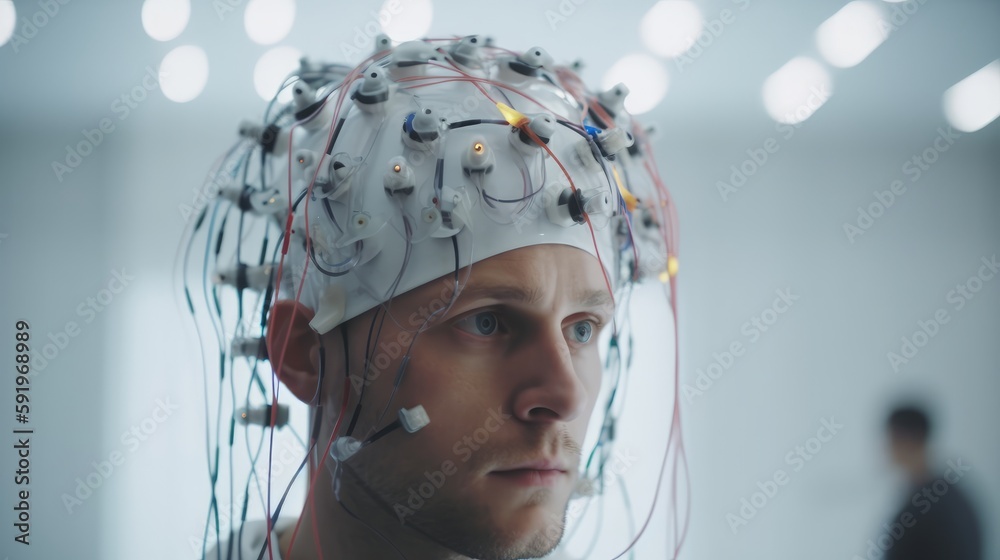 Man monitoring his brain with sensors electrodes, in white Lab, brain ...