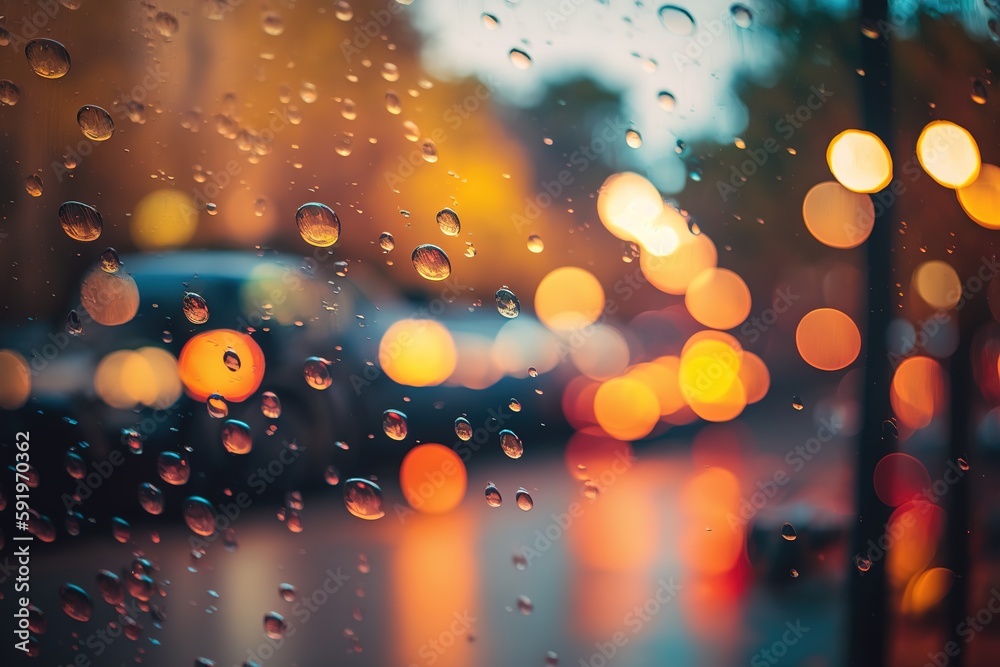 Abstract blurring seasonal backdrop of autumn rain falling on a city in ...
