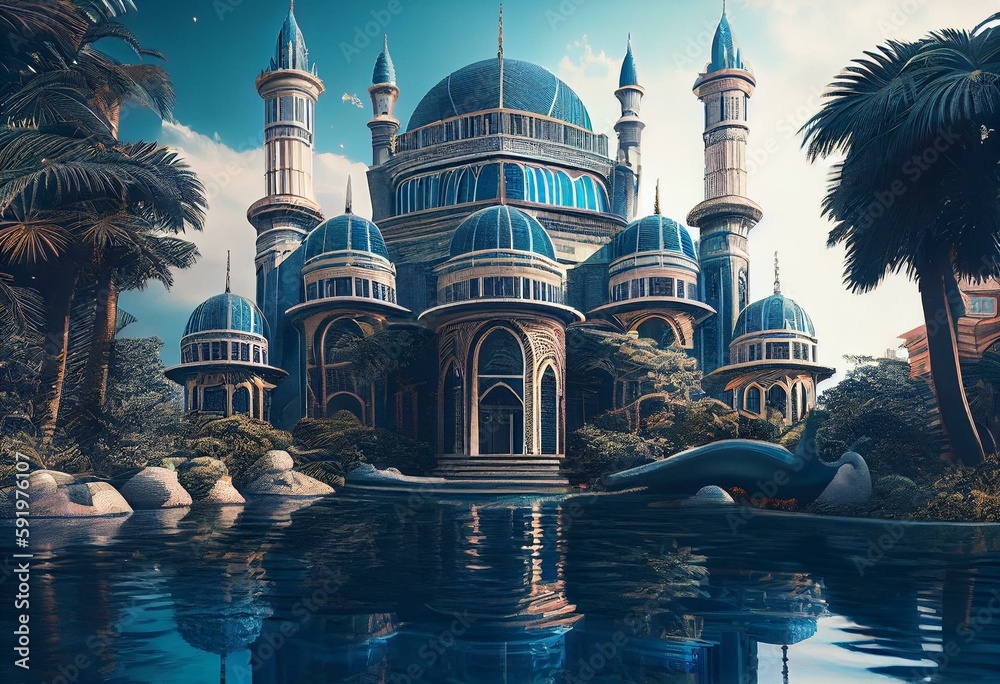 Fantasy cityscape exterior featuring Indoislamic architecture with ...