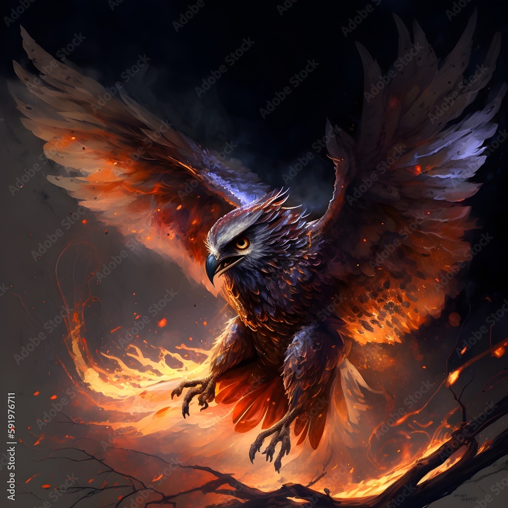Phoenix flying out of fire owl raven realistic fire dramatic lightning ...