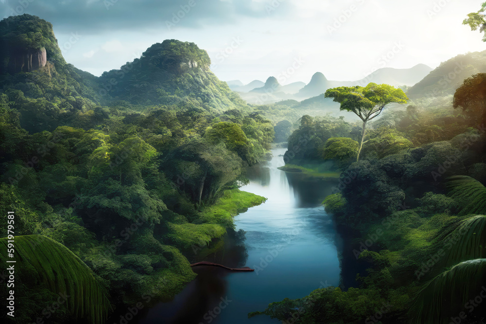 Brazil landscape with river and mountains. Generative AI Art. Beautiful ...
