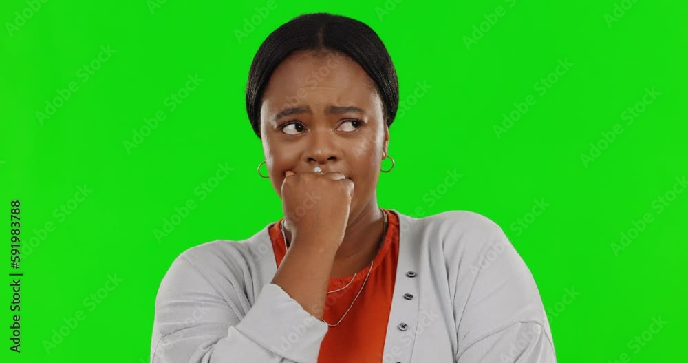 Anxiety, green screen and nervous black woman with fear feeling scared ...