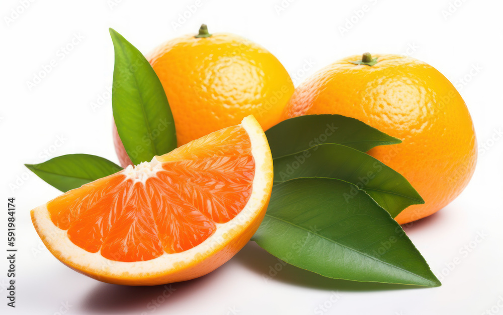 Oranges et quartier d'orange posé sur une table avec les feuilles d ...