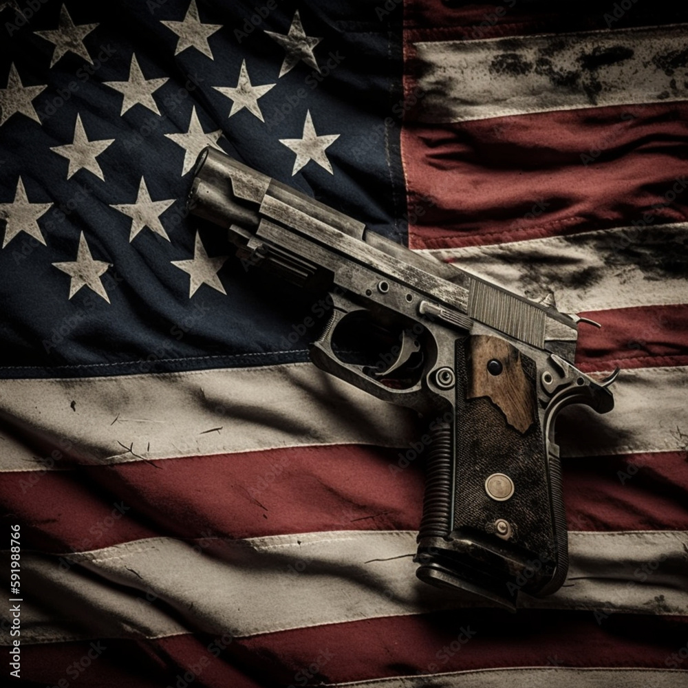Gun on top of the flag of the United States. Generative AI. Stock ...