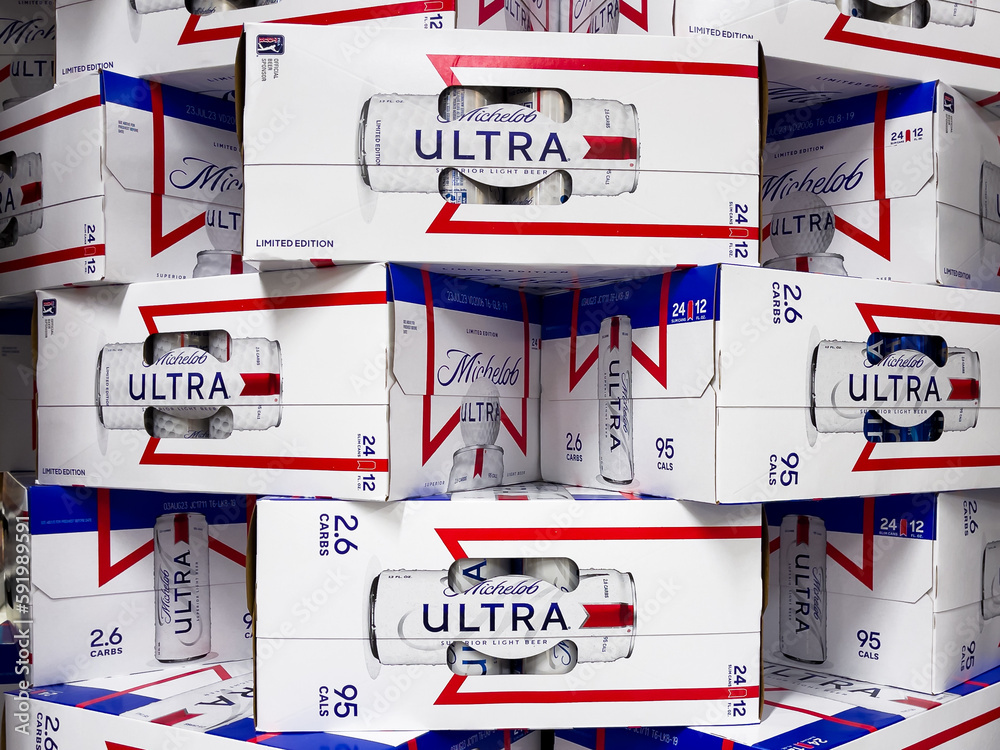 ATLANTA, GEORGIA - APRIL 12, 2023 : Michelob Ultra 24 pack beer display ...