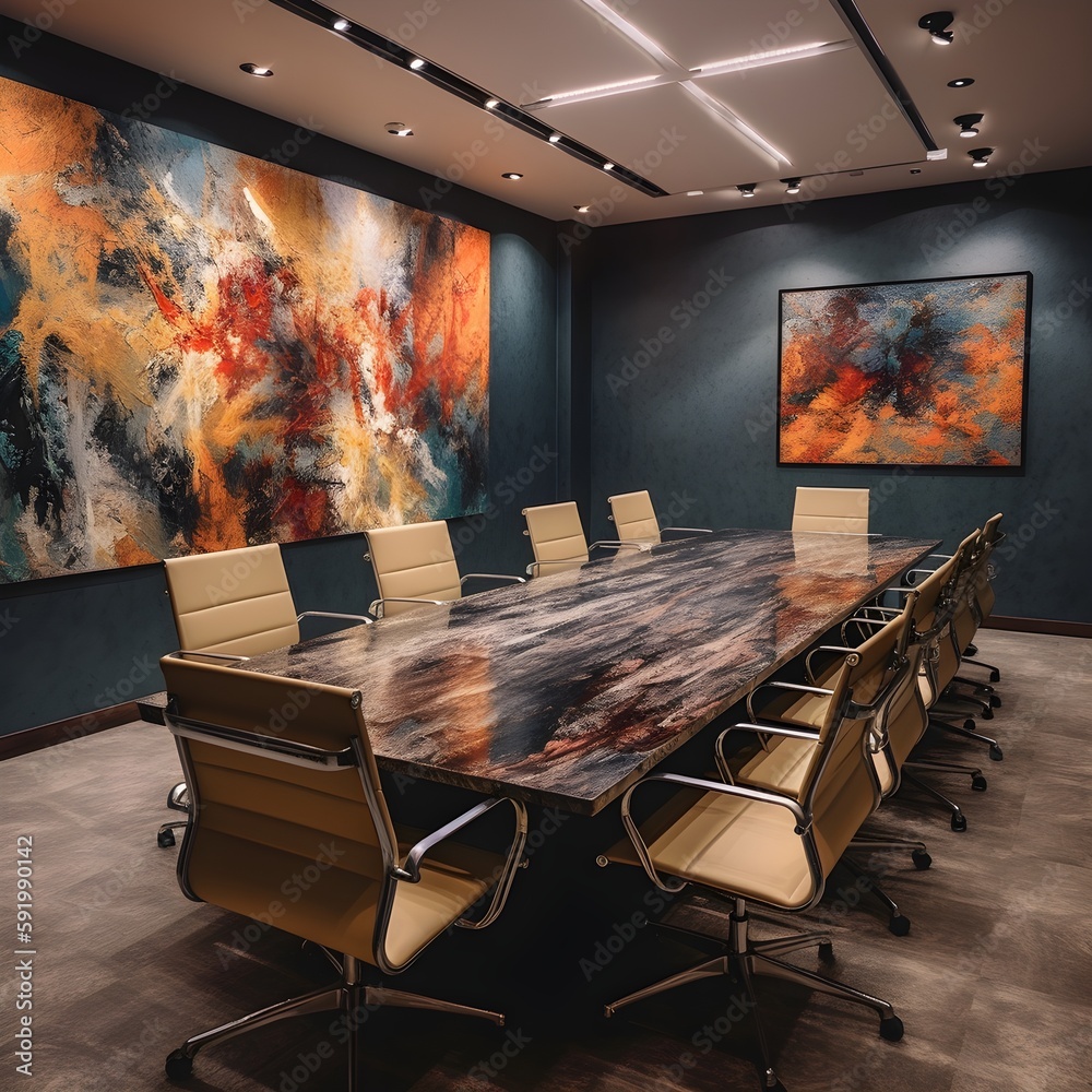 a modern meeting conference room with colourful abstract art on the ...