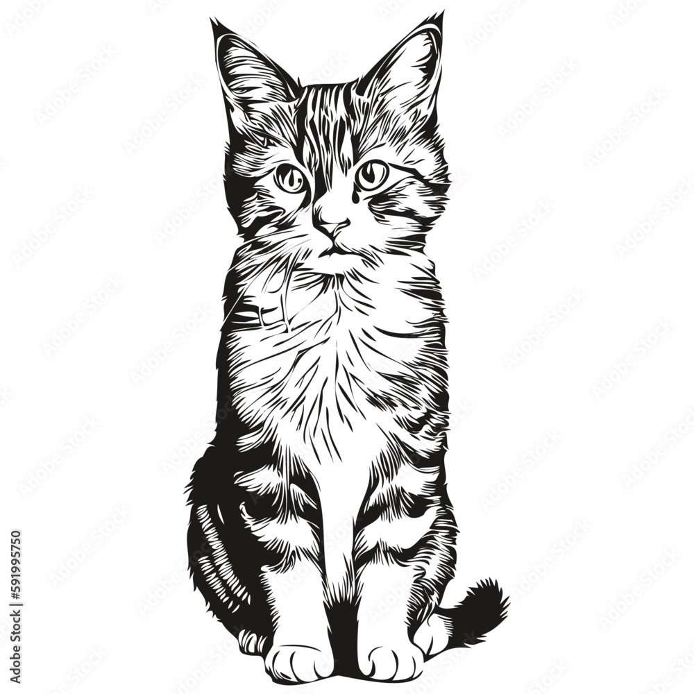 Cat vector illustration line art drawing black and white kitten Stock ...