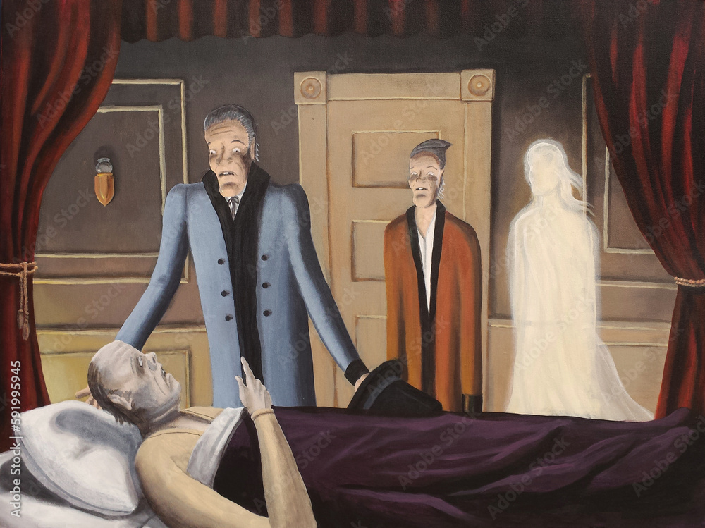 Jacob Marley gives Scrooge a warning from his deathbed. Stock ...