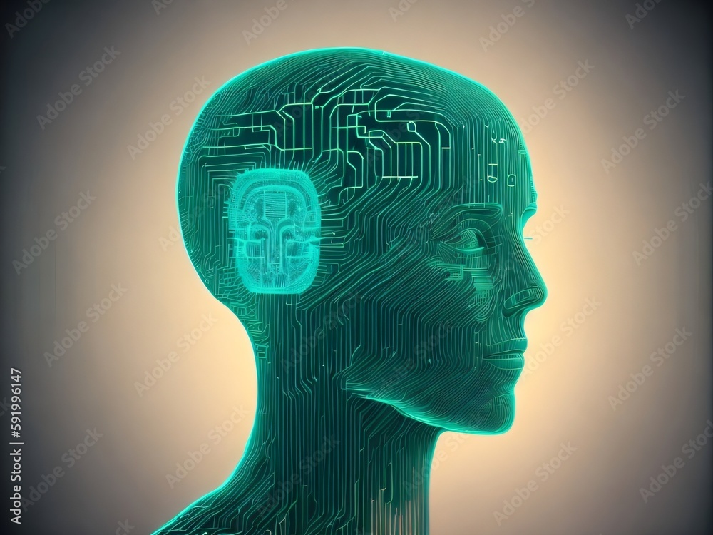 Artificial intelligence. Human head outline with circuit board inside ...