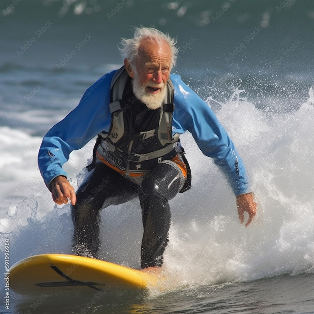 Mature older surfer catching a wave Stock Illustration | Adobe Stock