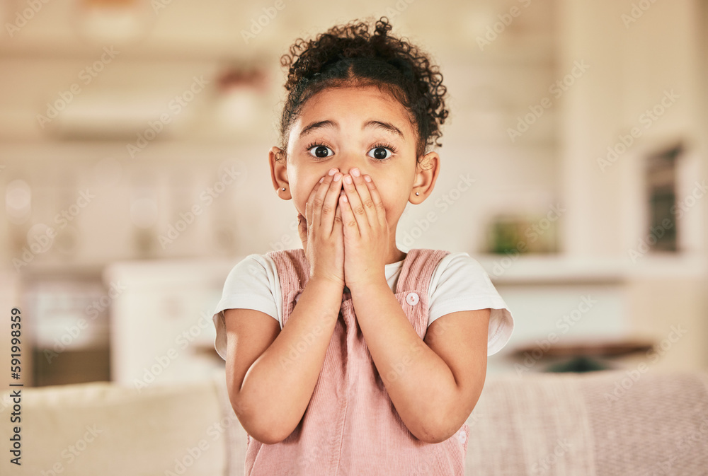 Wow, surprise and shocked with portrait of child in living room for ...