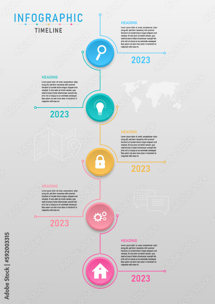 5 year time line vertical infographic, circle with center icon and ...