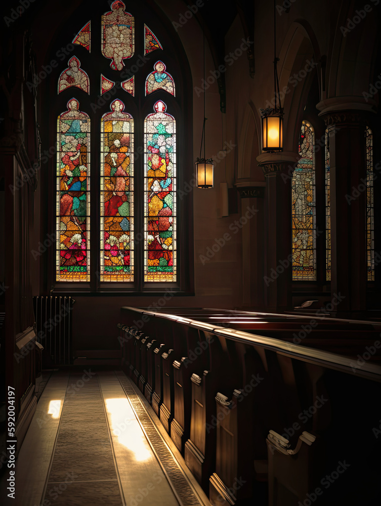 Kneeling in Reflection: Peaceful Church Interior with Stained Glass ...