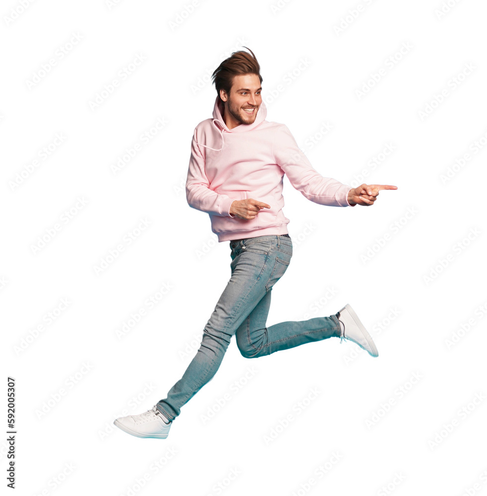 Full size photo of young happy excited smiling positive man jumping ...