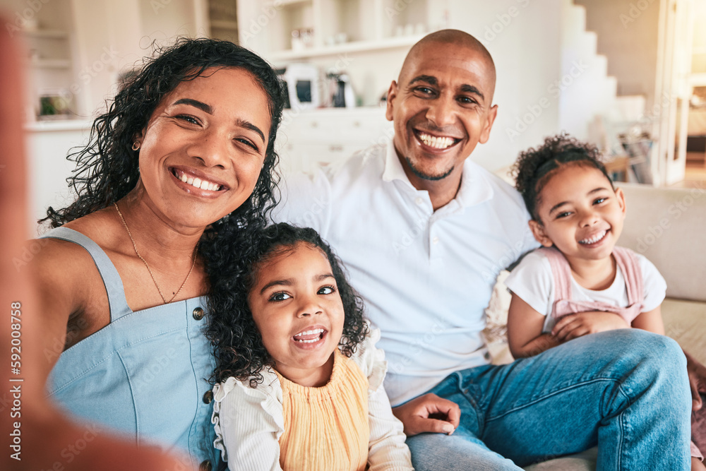 Happy family, portrait and smile for selfie, photo or profile picture ...