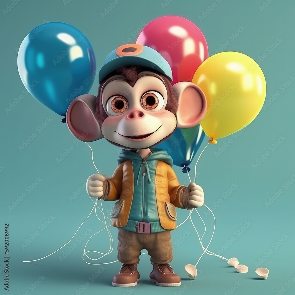 Cute Cartoon Monkey With Very Big Eyes Holding Gel Colored Balloons ...