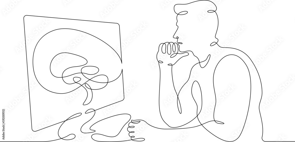 One continuous line.Neural network. A man works with a neural network ...