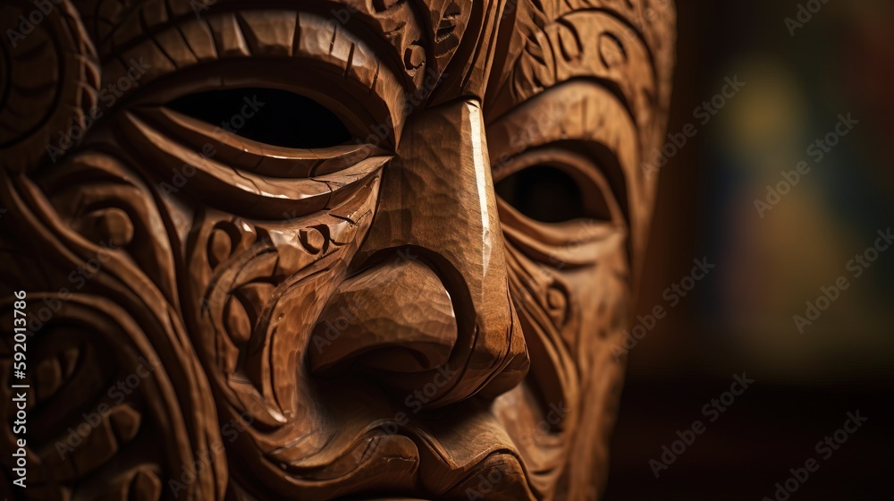 a close up of a wooden mask with a face on it's face and a black ...