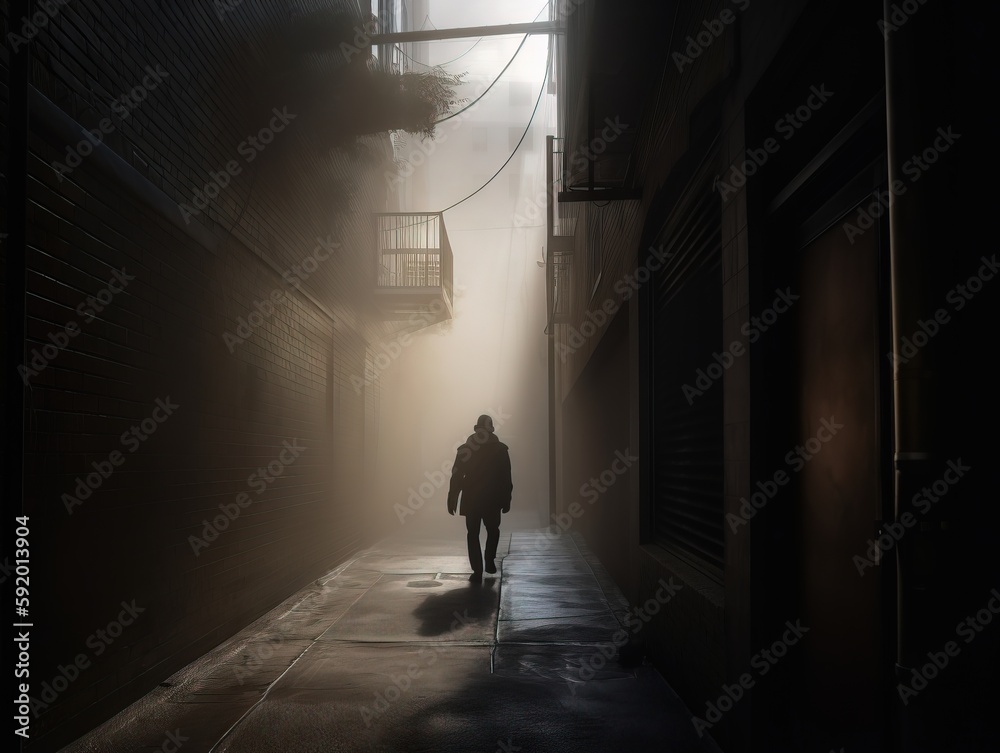 a person walking down a dark alley way in the foggy night with the sun ...