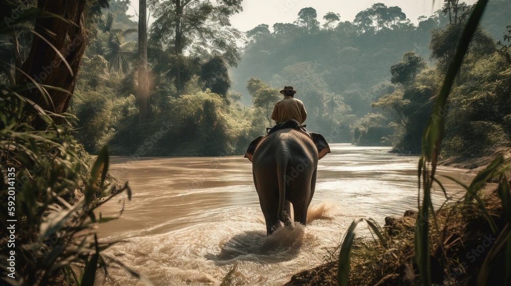 a man riding on the back of an elephant across a river in a forest ...