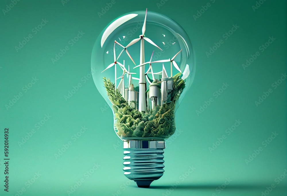wind energy light bulb wind farm energy saving concept on a light green ...